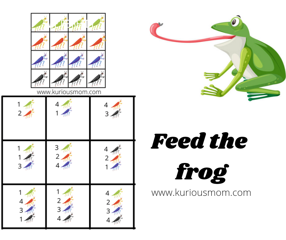 Feed the frog : Preschool activity to learn counting and colours